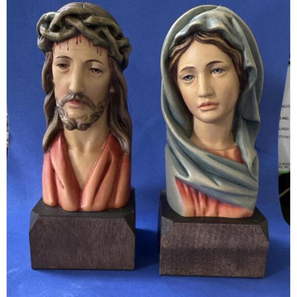Art | Vintage Anri Hand Carved Wood Jesus Mary 55 Bust Statues Italy ...